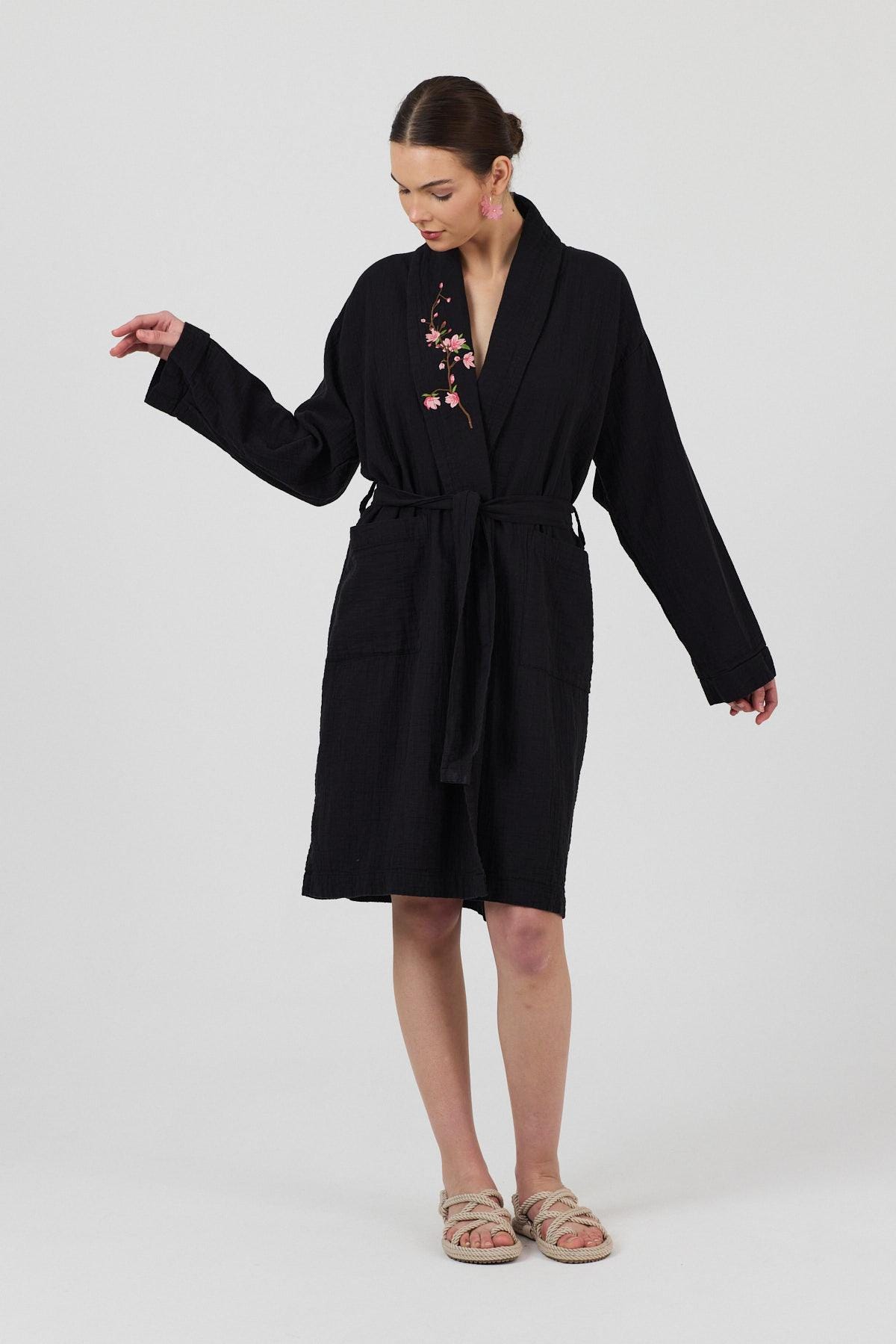 Black Muslin Kimono Robe With Cherry Blossom Embroidery – Cozy Spa ...