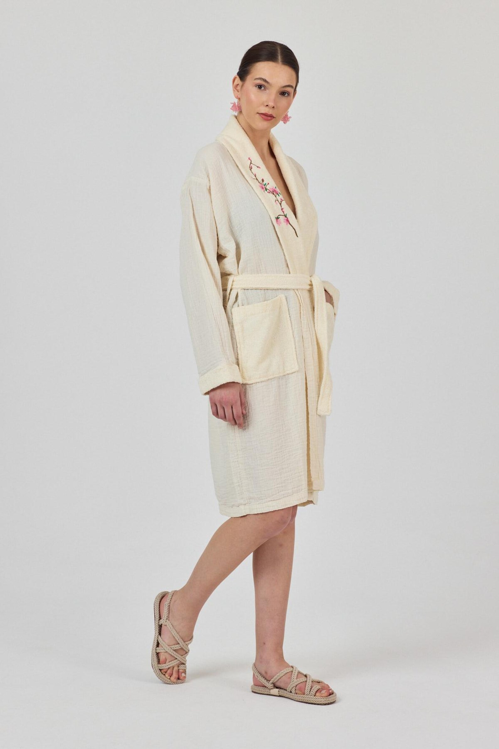 Spring Embroidered Muslin Kimono Robe: Lightweight Cotton Terry Trim - Etsy