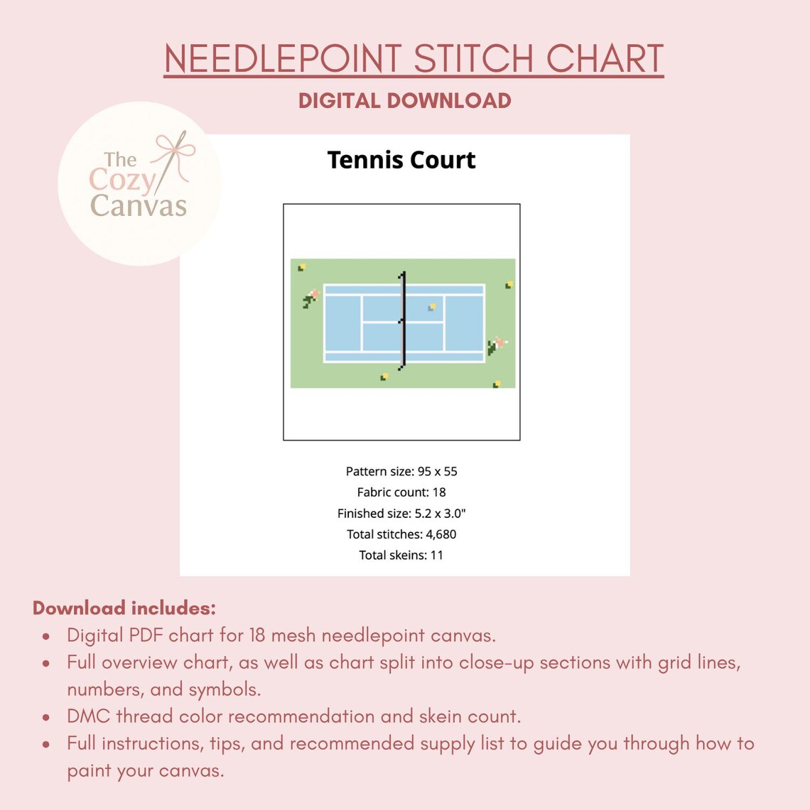 Tennis Court Digital Needlepoint Chart | Digital Stitch Chart PDF for ...