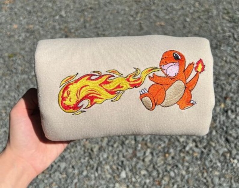 Charmander Spitting Fire Pokémon Anime Vintage Embroidery Crewneck ...