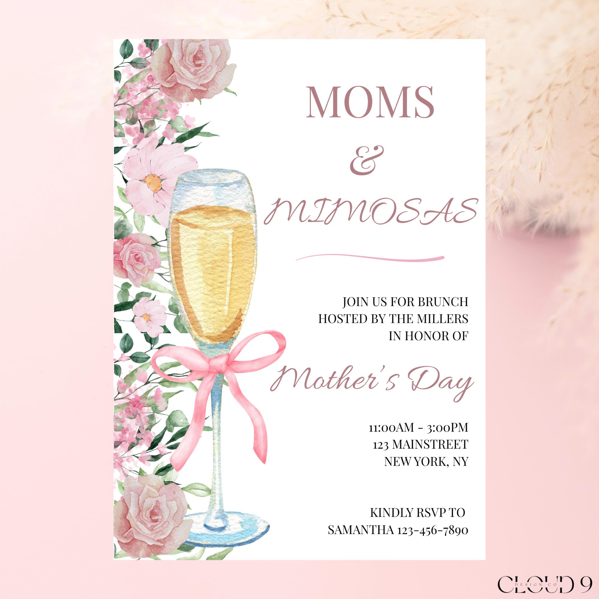 Editable Moms & Mimosas Mother's Day Brunch Invitation | Pink Floral ...