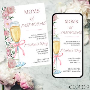Editable Moms & Mimosas Mother's Day Brunch Invitation | Pink Floral ...