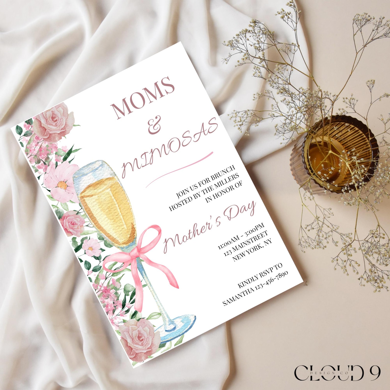 Editable Moms & Mimosas Mother's Day Brunch Invitation | Pink Floral ...