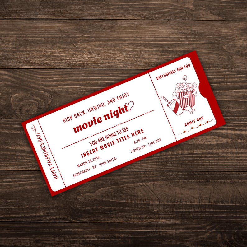 Movie Night Gift Ticket | Editable Cinema Voucher Template | Printable ...