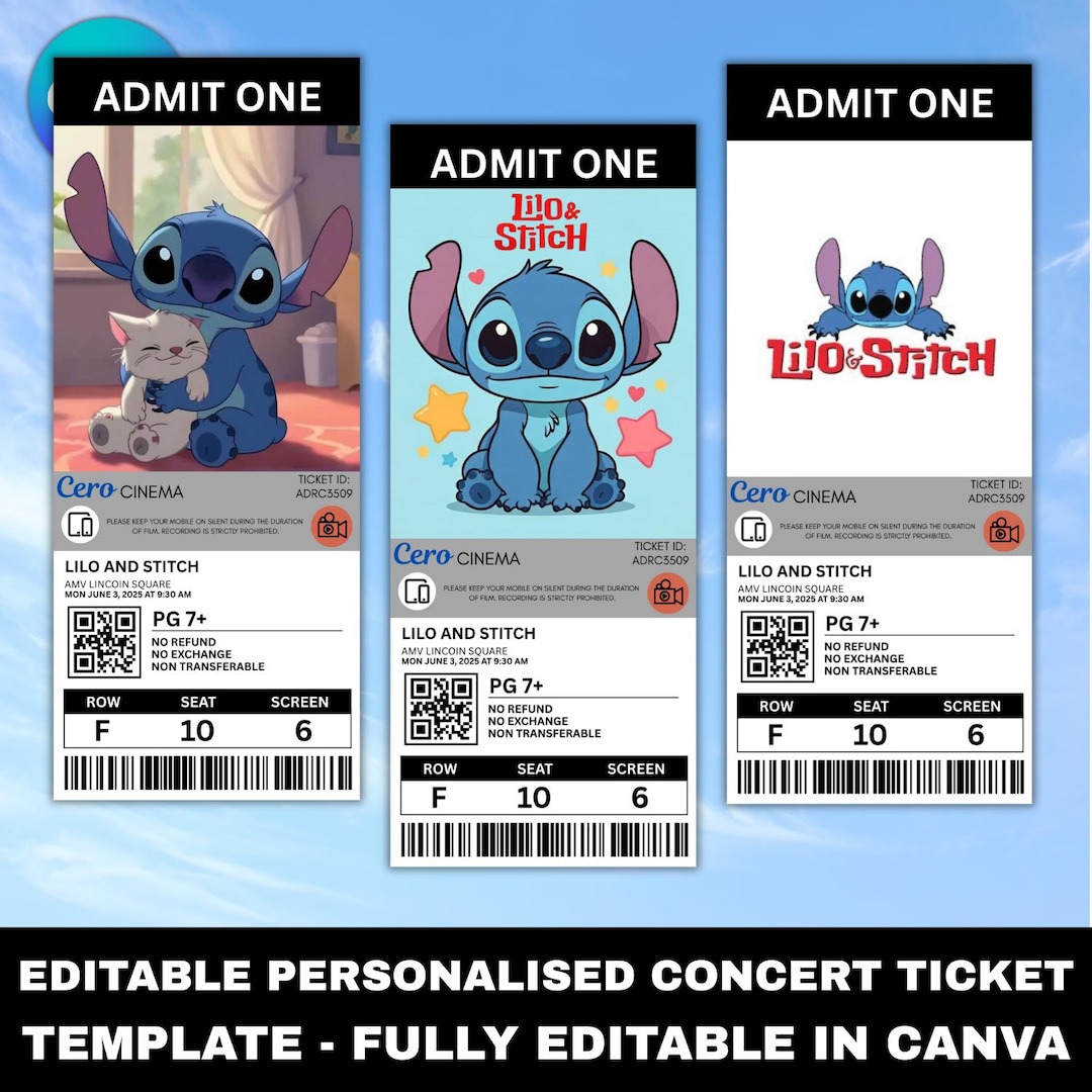 Editable Lilo & Stitch Movie Ticket Template | Live Action Canva Ticket ...