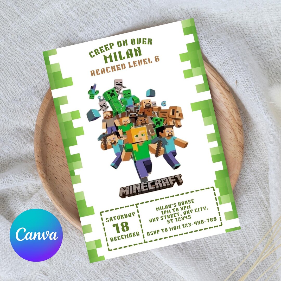 Editable Minecraft Birthday Invitation Card Template, Invitación ...