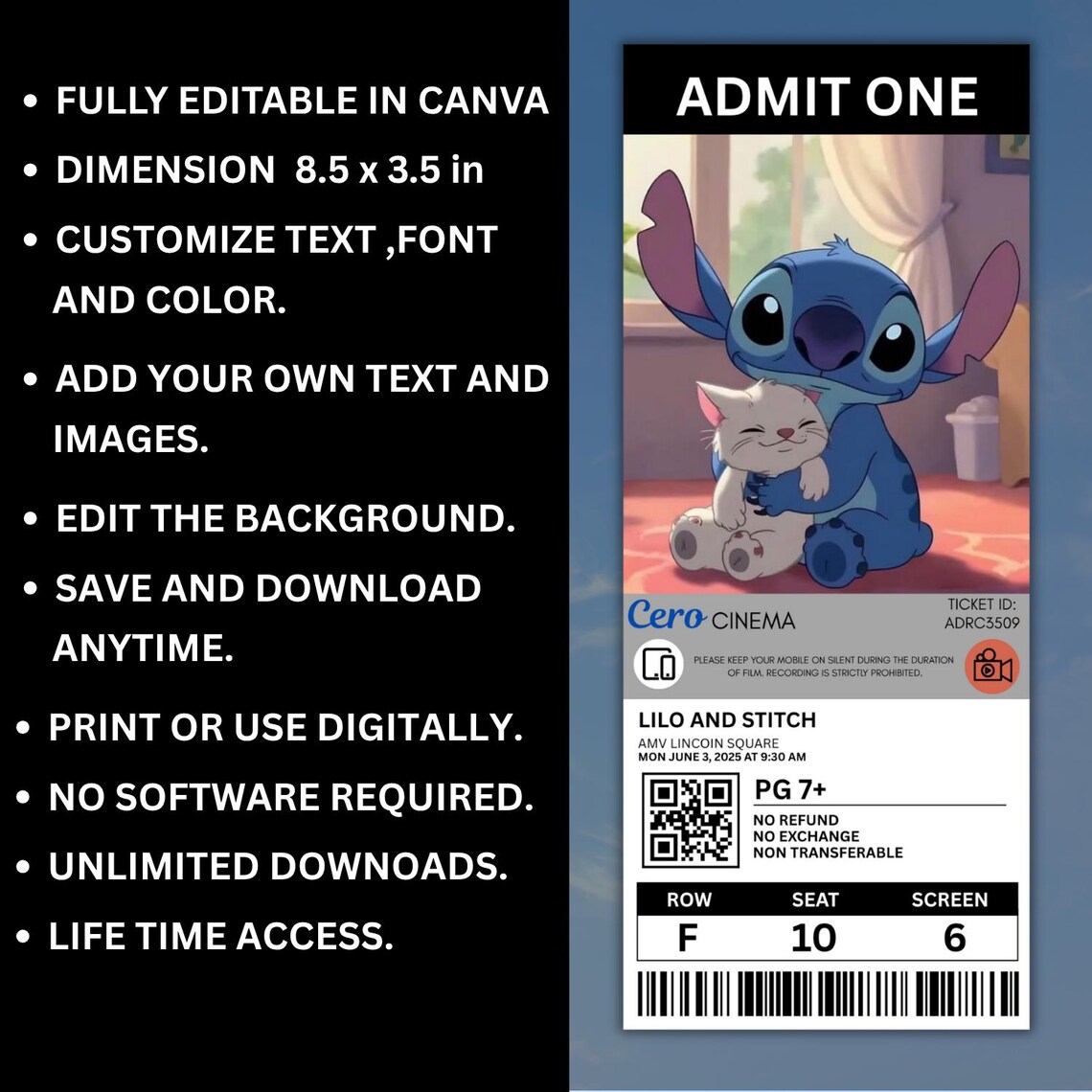 Editable Lilo & Stitch Movie Ticket Template | Live Action Canva Ticket ...