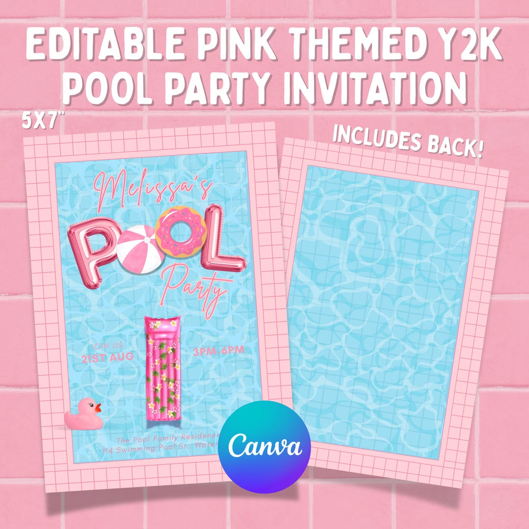 Pink Y2K Pool Party Invitation: Editable Retro Summer Template (5x7 ...