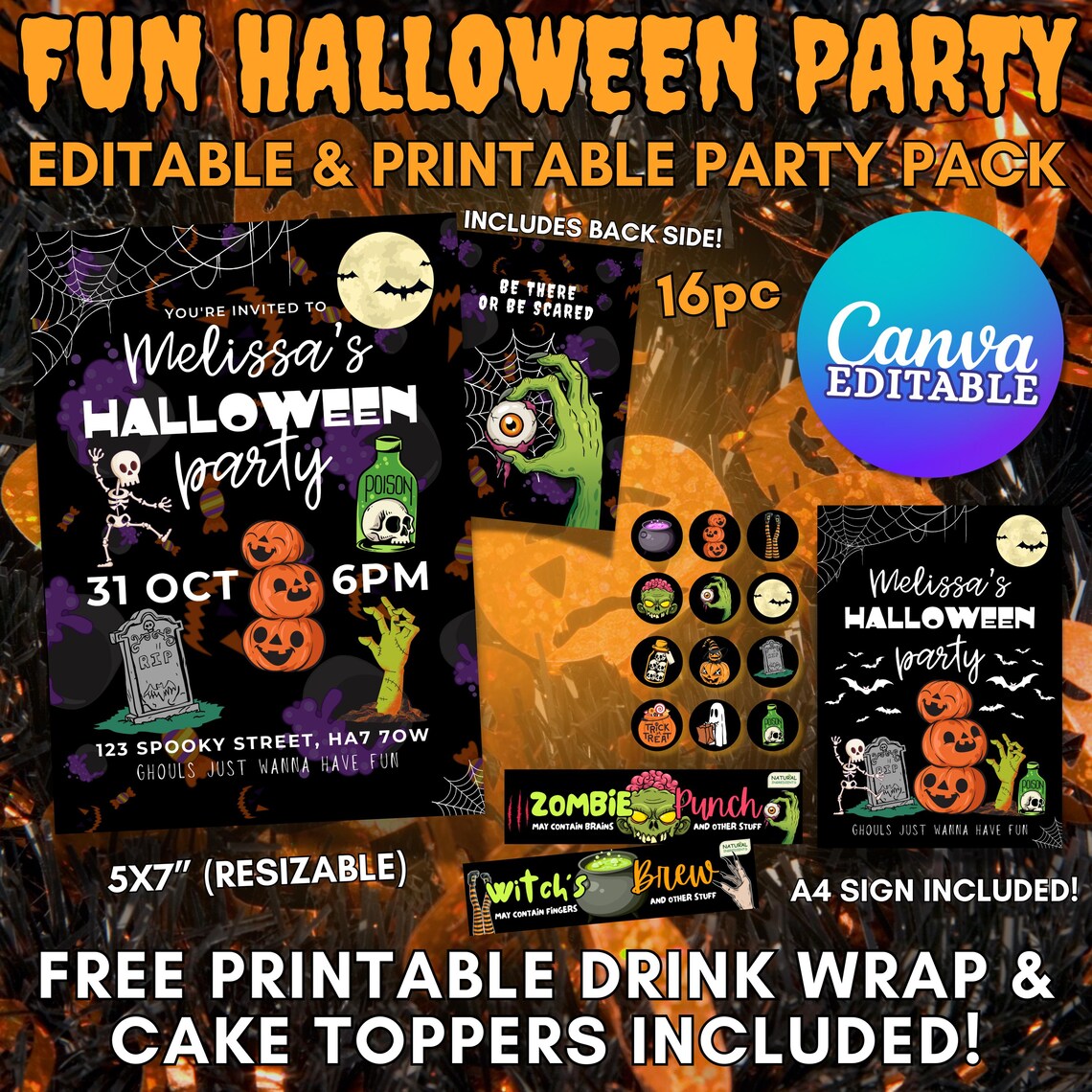 Editable Halloween Party Kit: Invitation, Sign, Cupcake Toppers (canva ...