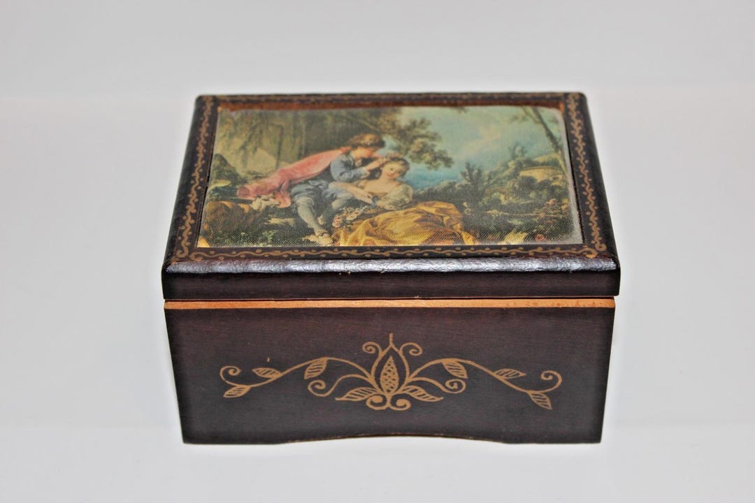 Vintage Linden Japan Music Box Boucher Spring Love Story Wood Jewelry ...