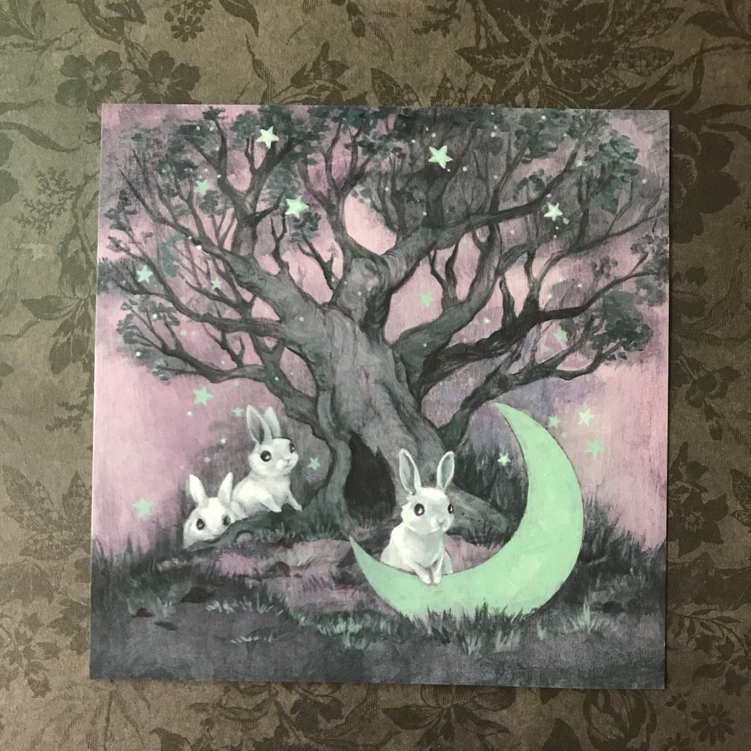 Lunar Bunnies Say Goodnight- 5x5 Rabbit Print - Spooky Art - Fine Art ...