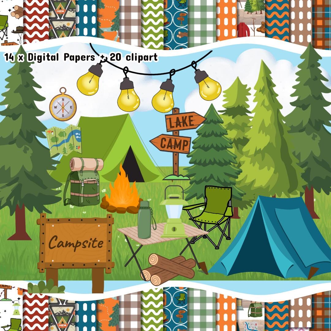 CAMPING Digital Paper + Clipart, Downloadable, ZIPFILE, CAMPING ...
