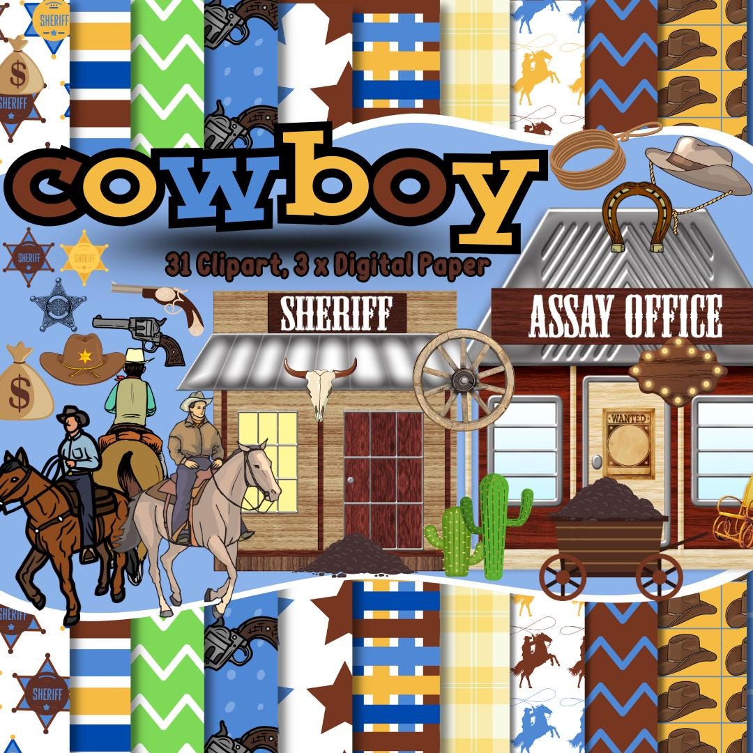 COWBOY Digital Paper, Downloadable, ZIPFILE, Cowboy Clipart - Etsy