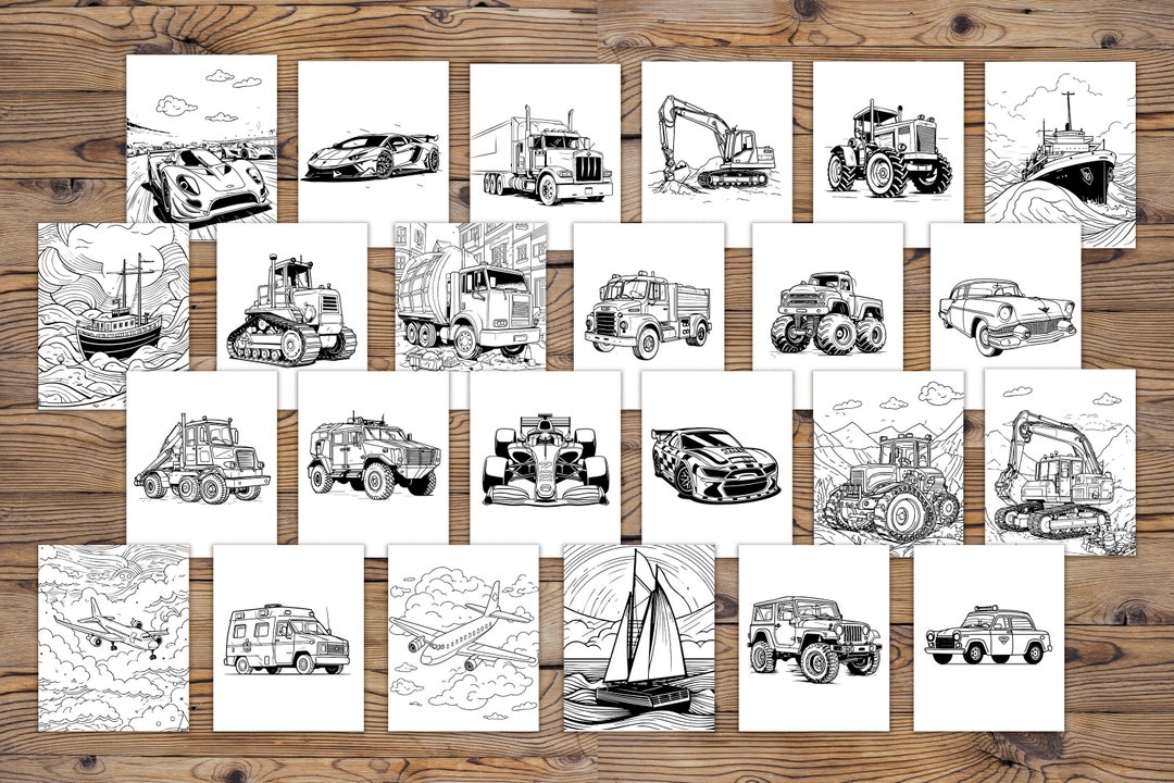 24 Page Coloring Book Cars, Firetrucks, Trash Trucks, Race Cars, Boats ...