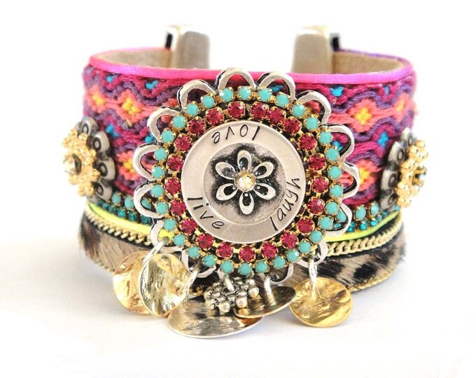 Bohemian Hippie Jewelry Friendship Bracelet Cuff In Pink And Turquoise