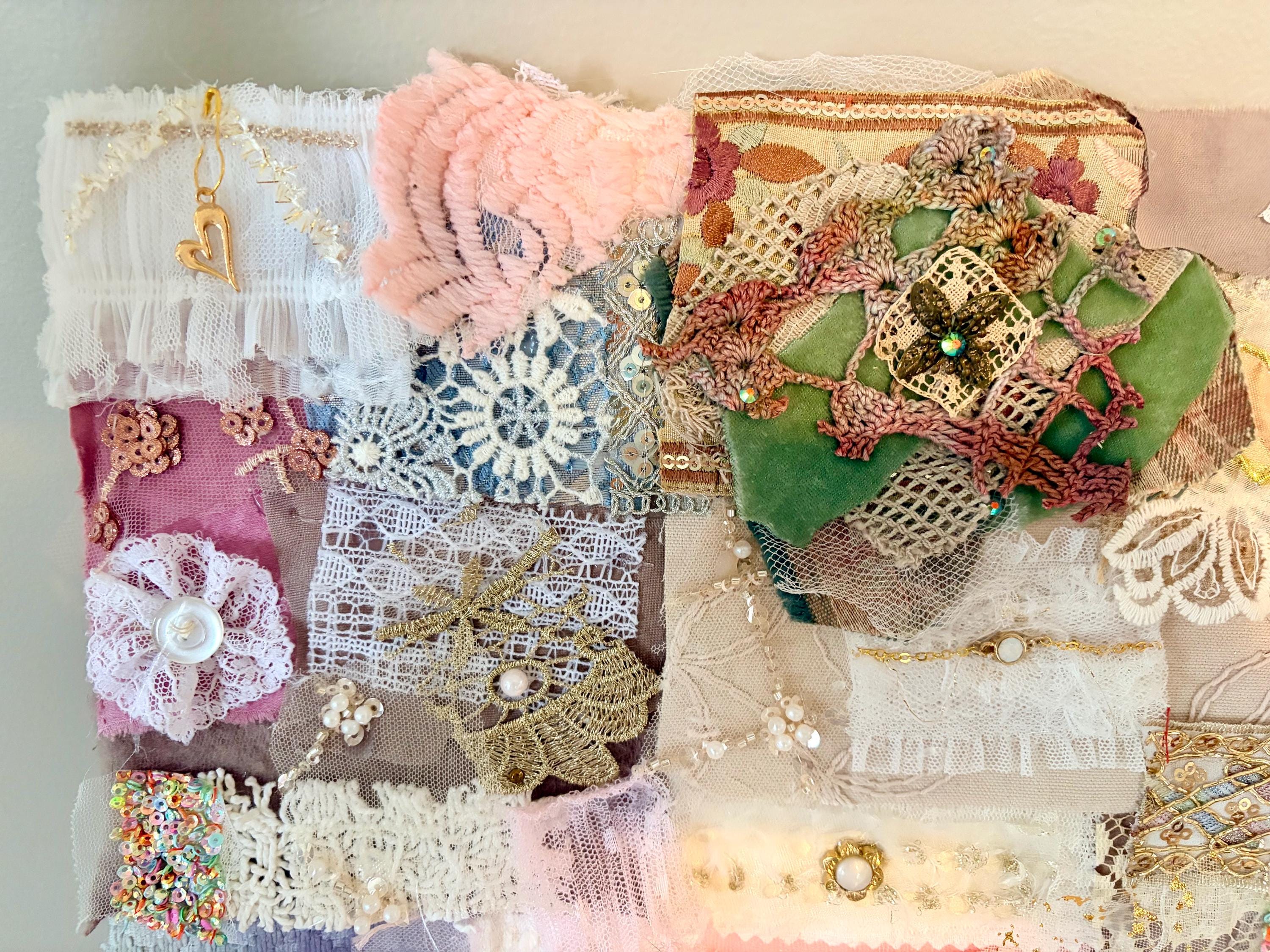 Shabby Chic Fabric Collage Wall Art: Romantic Boho Mixed Media Textures ...