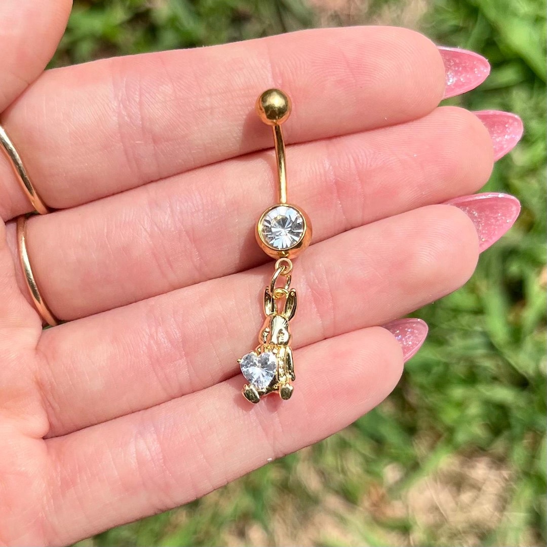Gold Bunny Belly Button Ring – Cute Rabbit Holding Heart Gem, Dainty ...