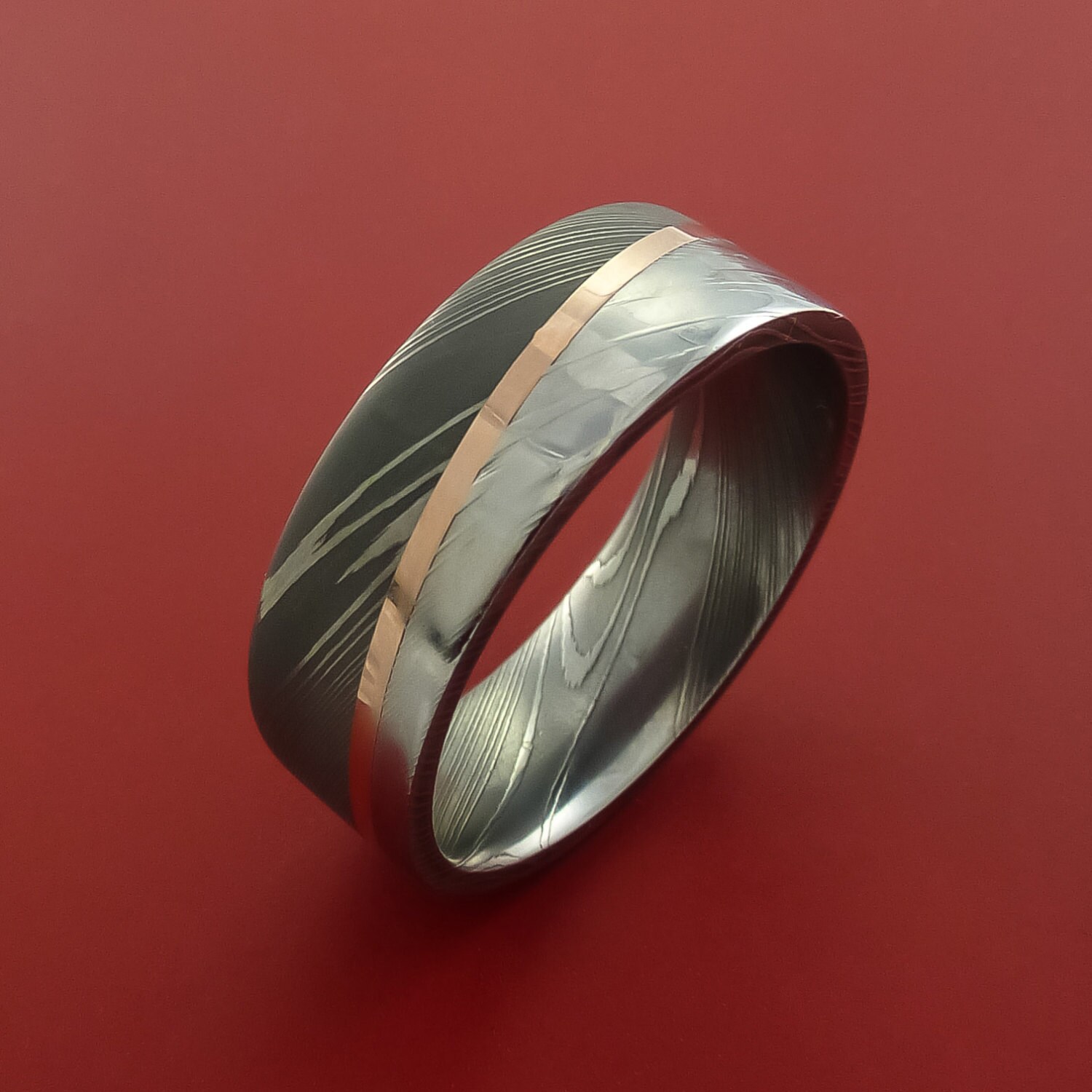 Damascus Steel Diagonal 14K Rose Gold Ring Wedding Band Custom - Etsy