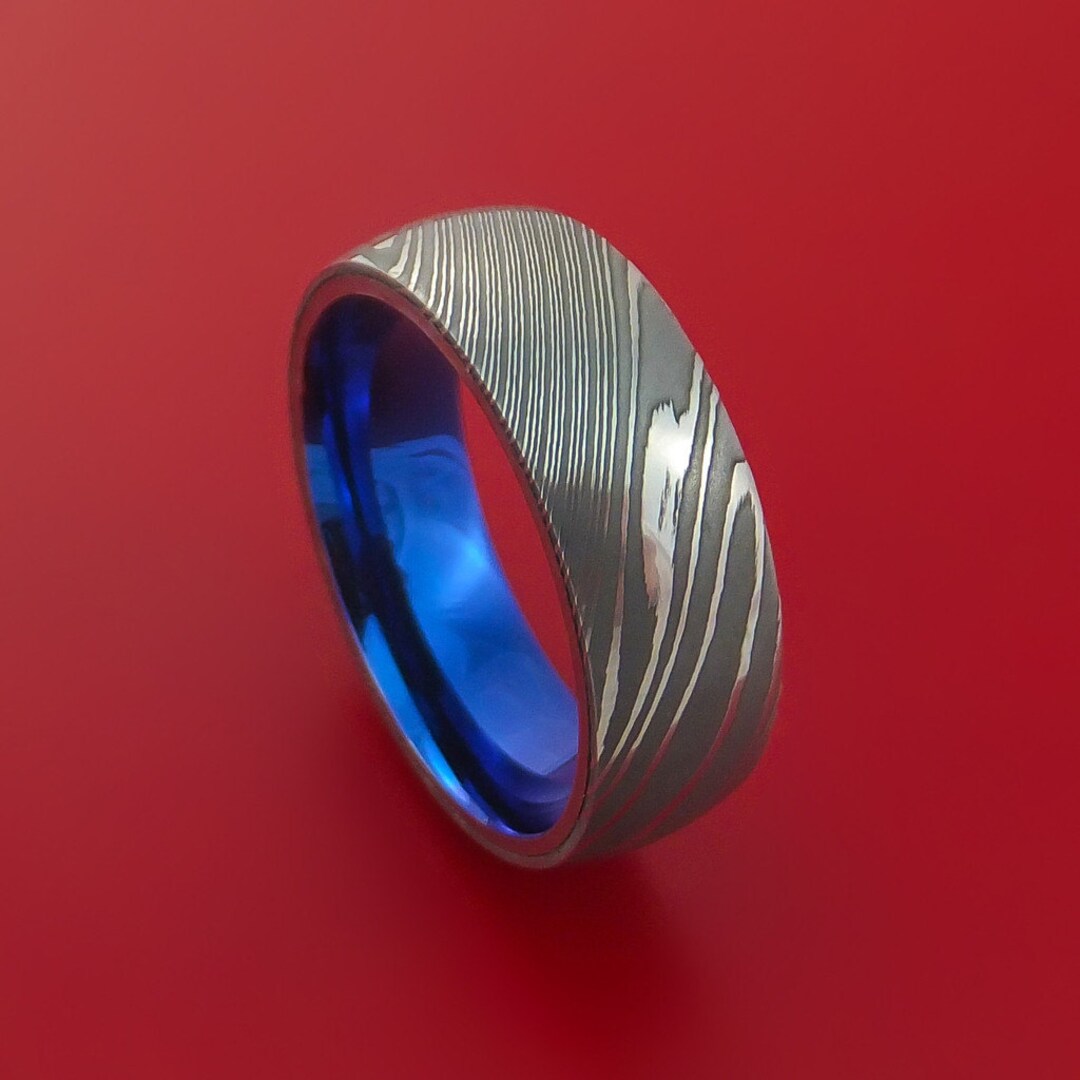 Damascus Steel Ring With Anodized Titanium Interior Sleeve Custom Made ...