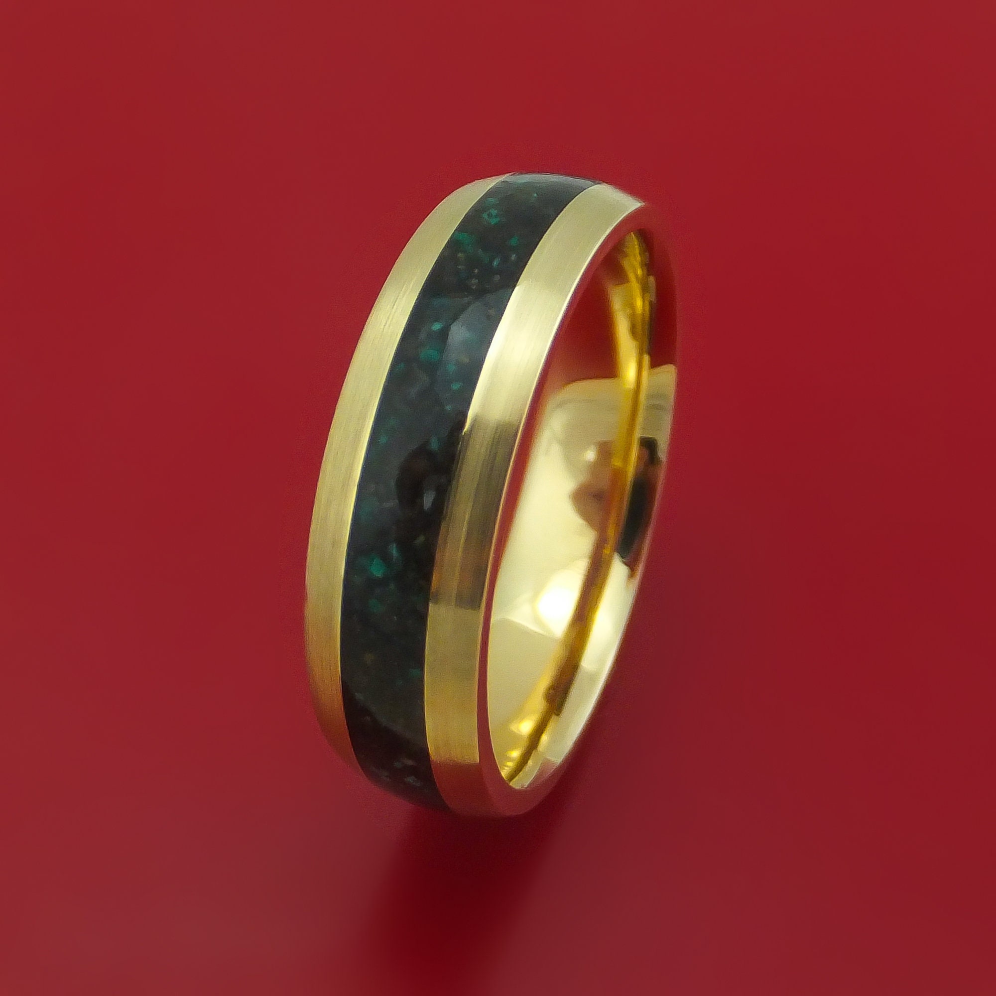 14K Yellow Gold and Black Dinosaur Bone and Malachite Ring Custom Made ...
