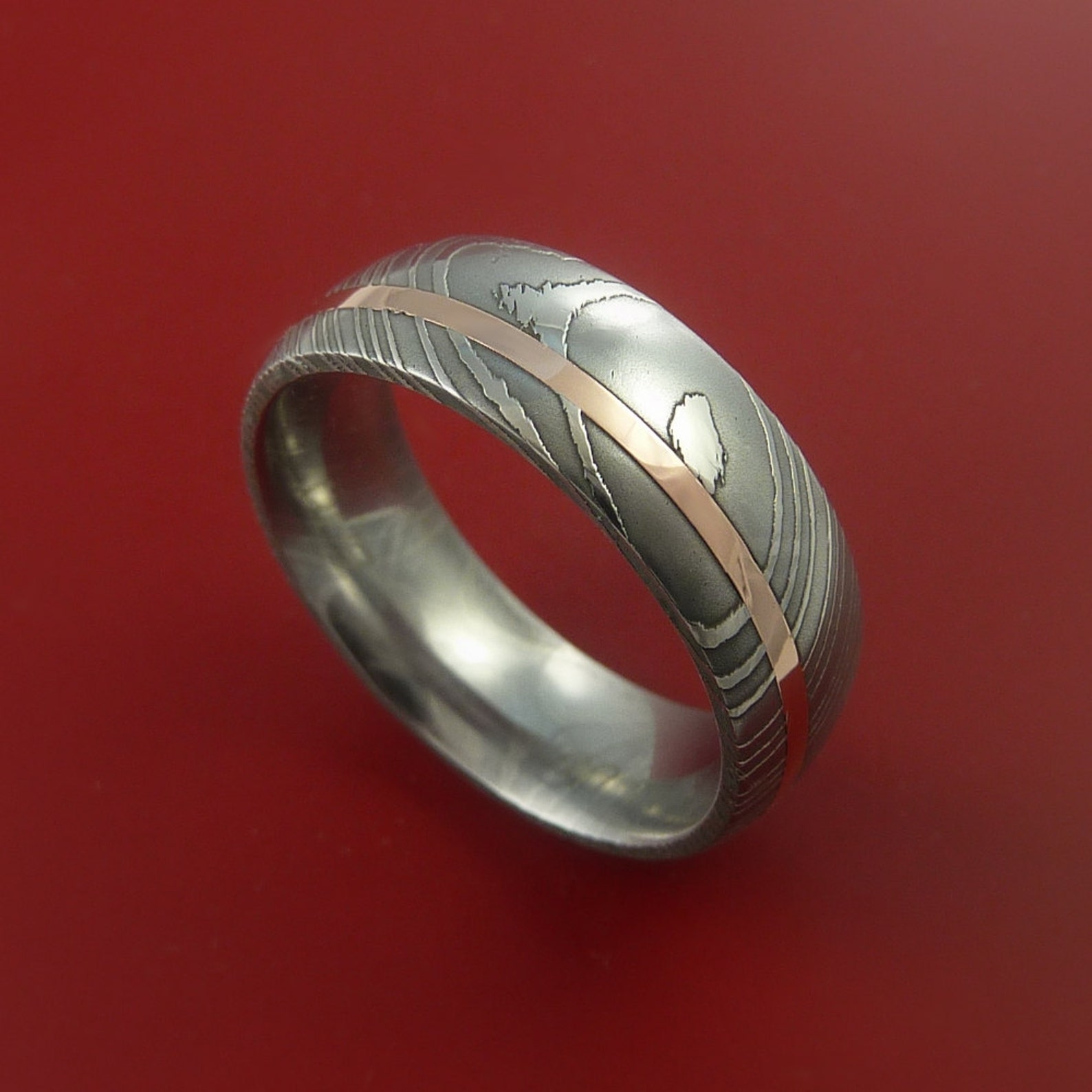 Damascus Steel 14K Rose Gold Ring Wedding Band Custom Made - Etsy