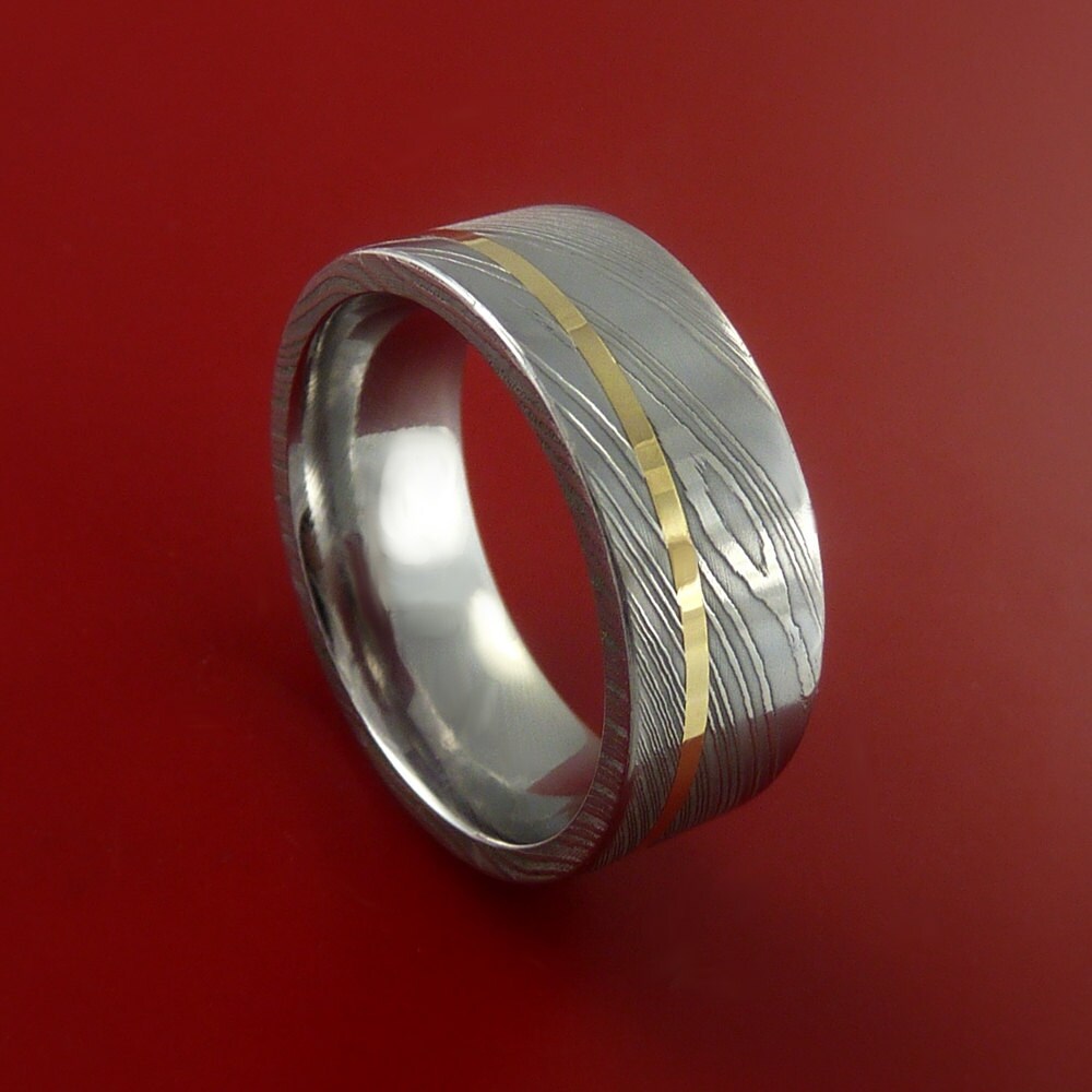 Damascus Steel 14K Yellow Gold Ring Wedding Band Custom Made to Any ...