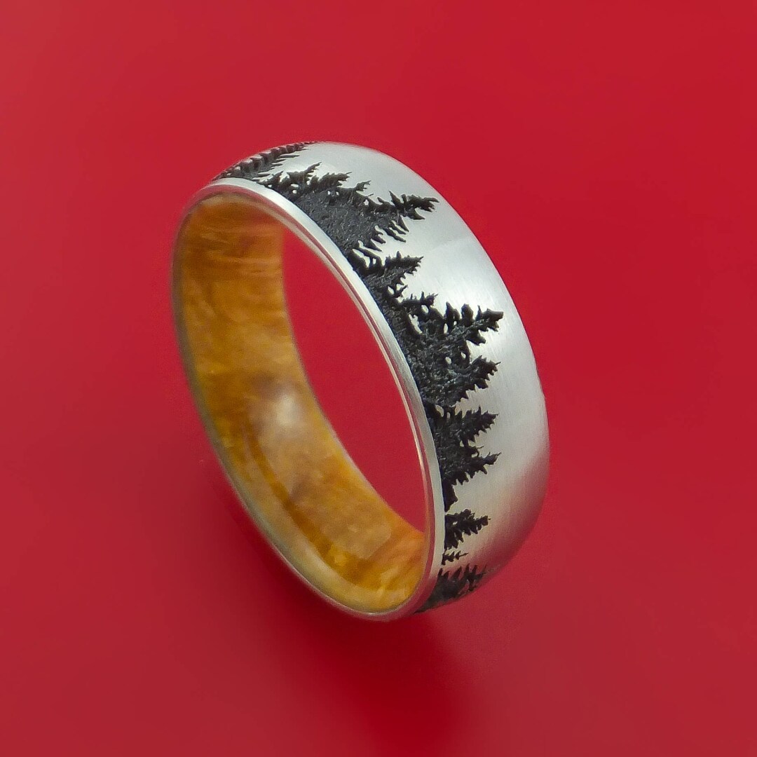 Titanium Ring With Tree Design and Maple Burl Hardwood Sleeve Custom ...