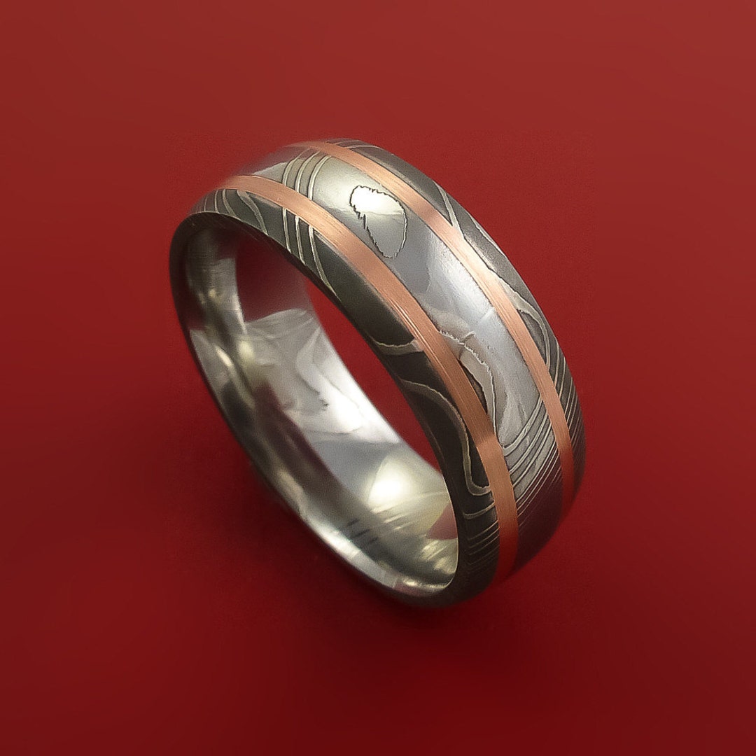 Damascus Steel Ring With Copper Inlays Custom Made Band - Etsy