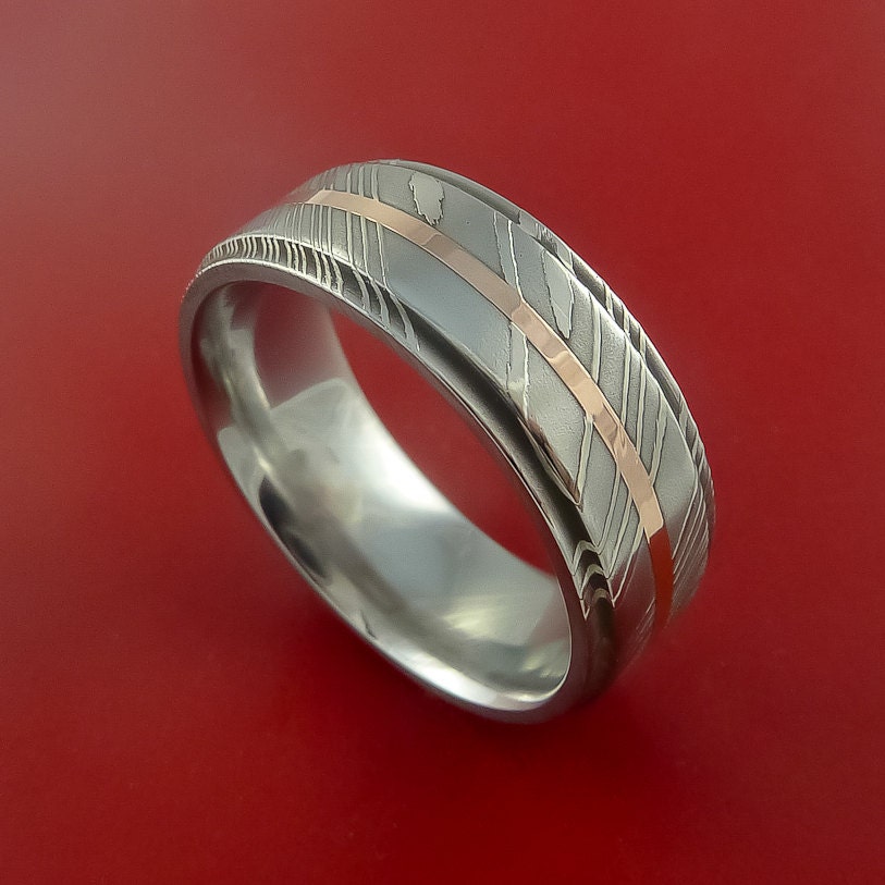 Damascus Steel 14K Rose Gold Ring Wedding Band Custom Made - Etsy