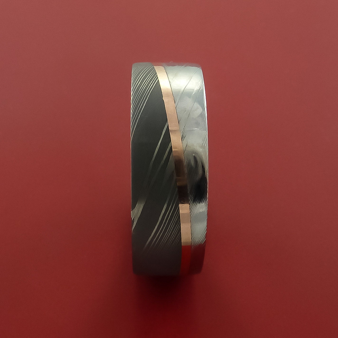 Damascus Steel Diagonal 14K Rose Gold Ring Wedding Band Custom - Etsy