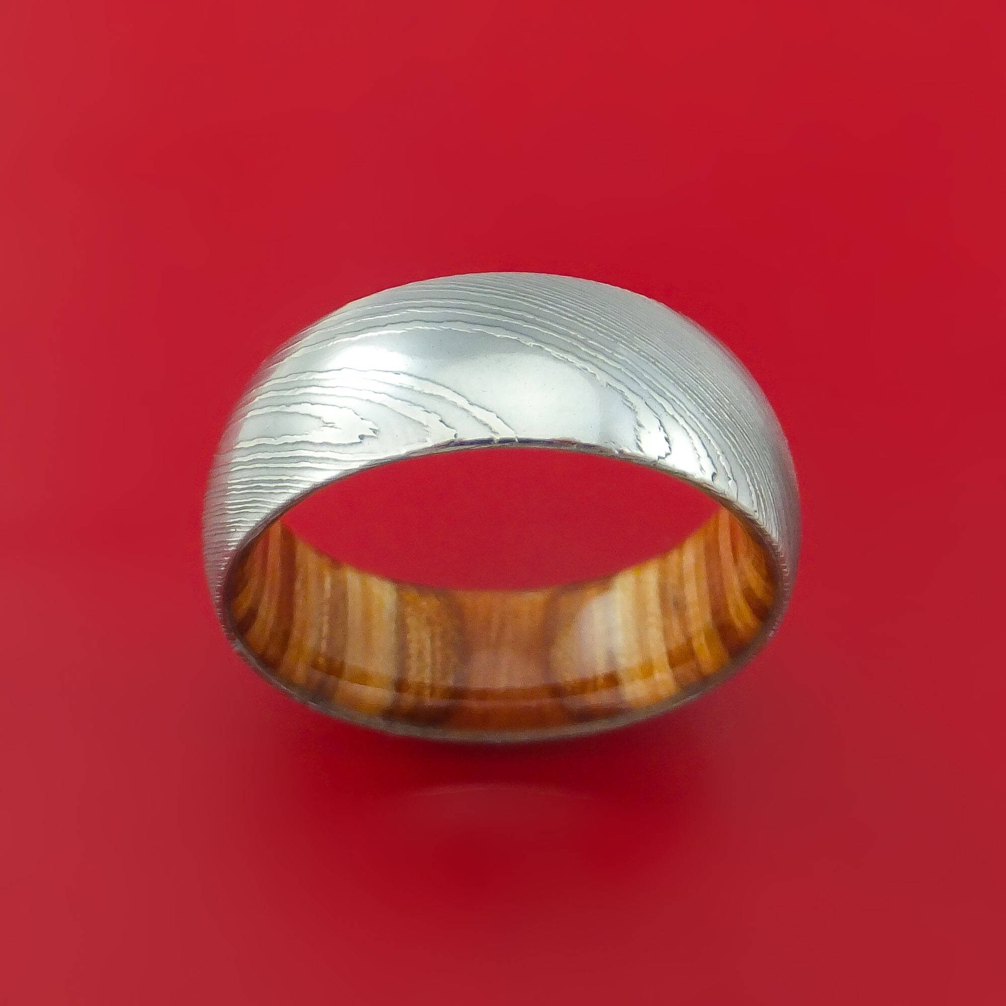 Damascus Steel Ring with Teak Hardwood Interior Sleeve Custom | Etsy