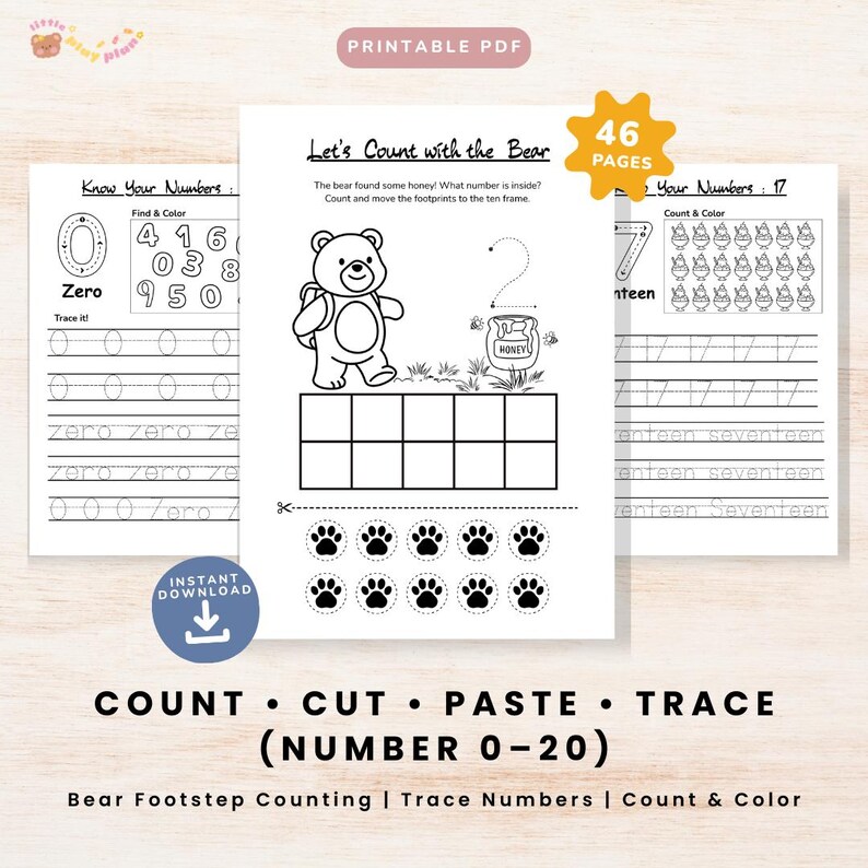 Counting Activities 1–20 PDF – Bear Footstep Counting, Trace Numbers ...