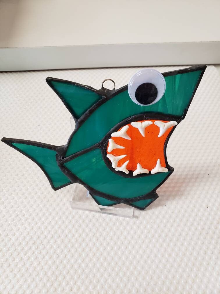 Stained Glass Shark With Real Sharks Teeth Ornament or Sun Catcher ...