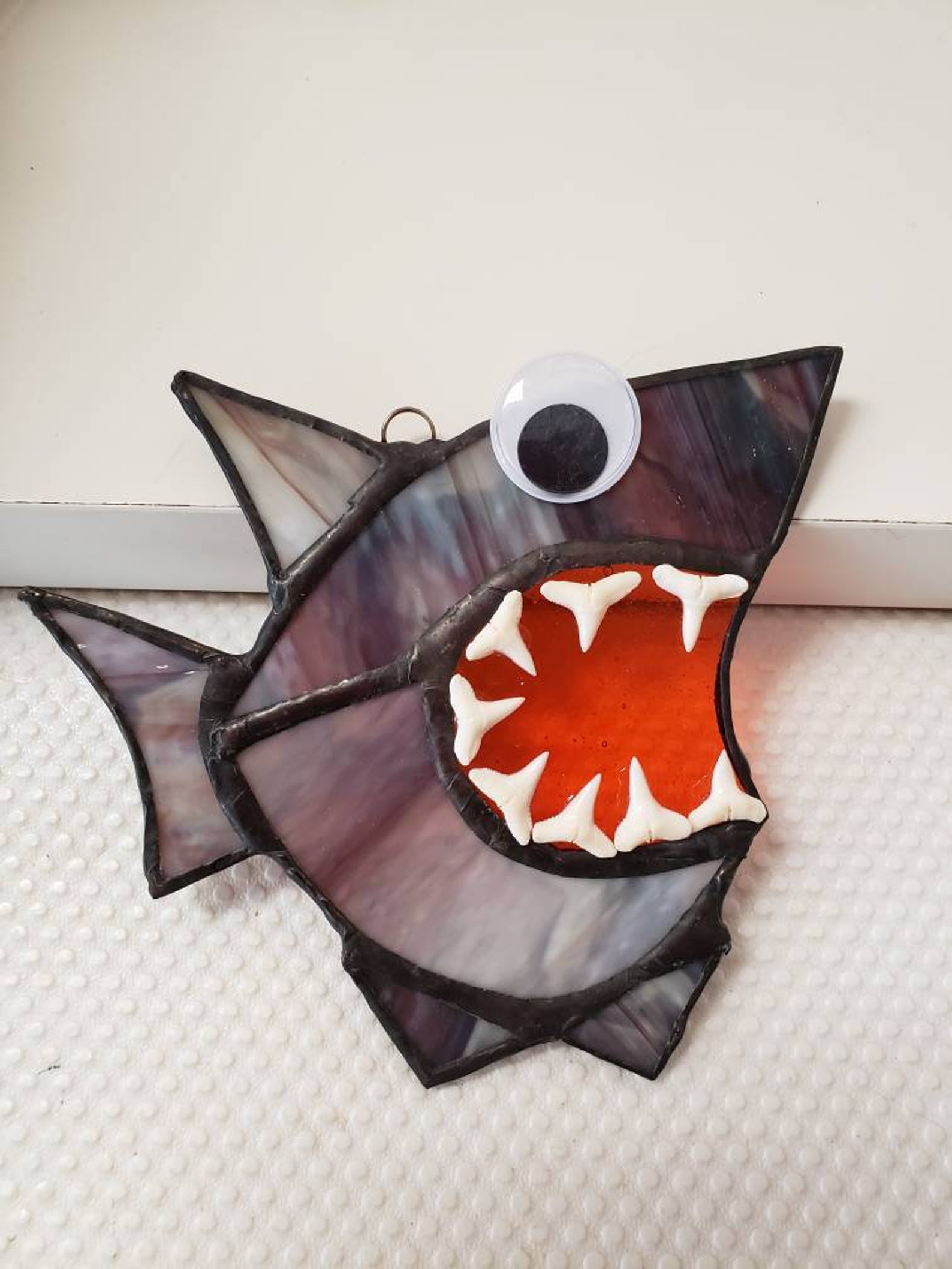 Stained Glass Shark With Real Sharks Teeth Ornament or Sun Catcher ...