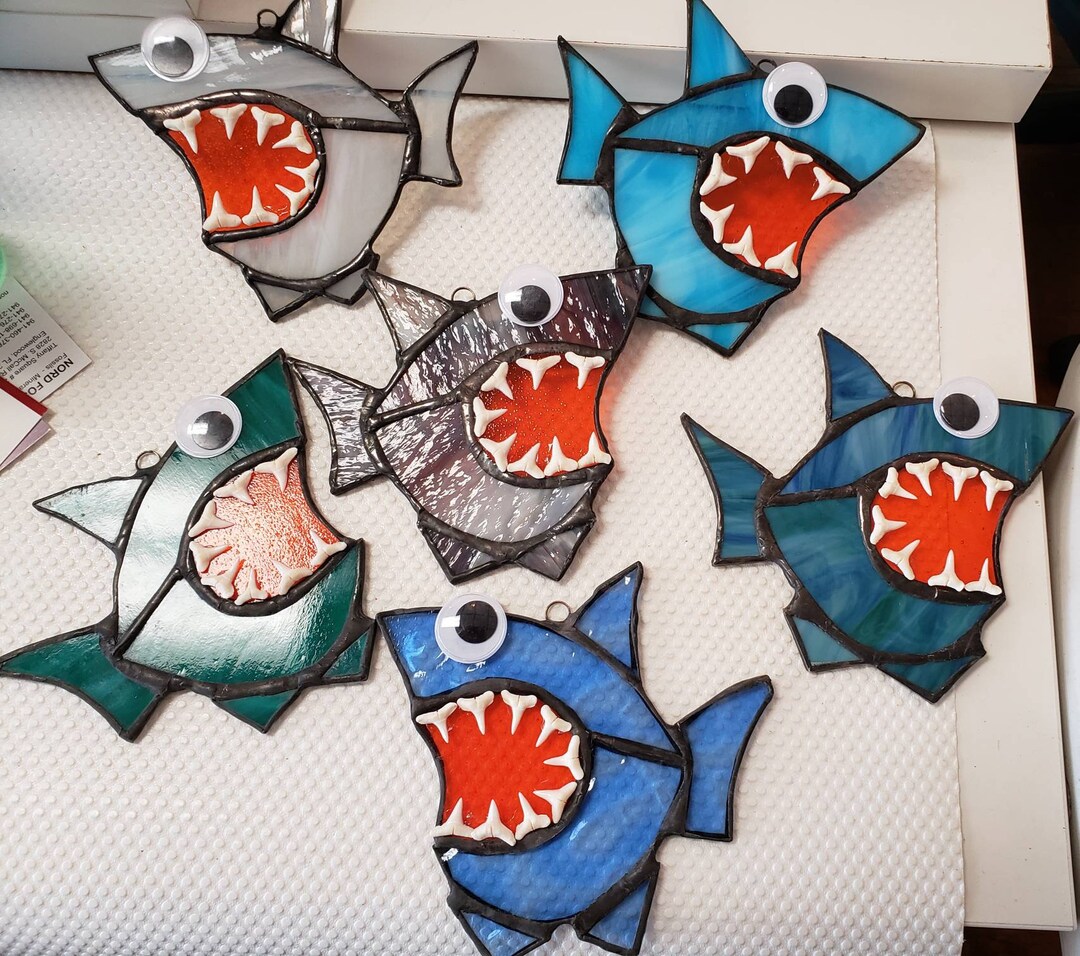 Stained Glass Shark With Real Sharks Teeth Ornament or Sun Catcher ...
