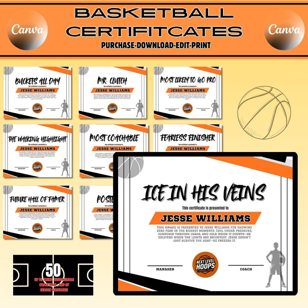 Editable Basketball Award Certificates: Canva Template (digital ...