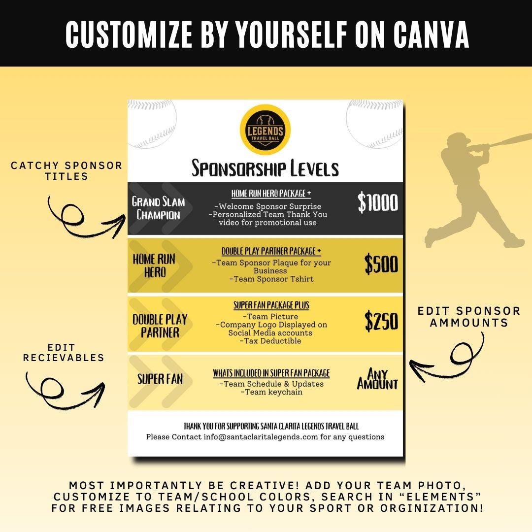 Editable Baseball Sponsorship Flyer: Team Fundraiser Canva Template ...