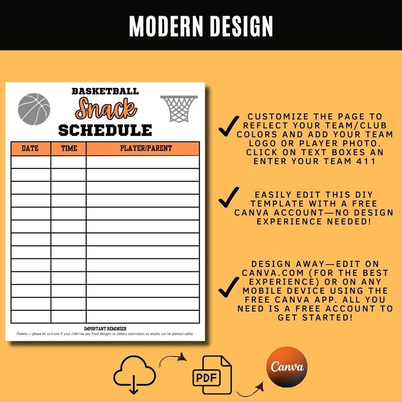 Basketball Snack Schedule Template | Editable Canva Team Snack Planner ...