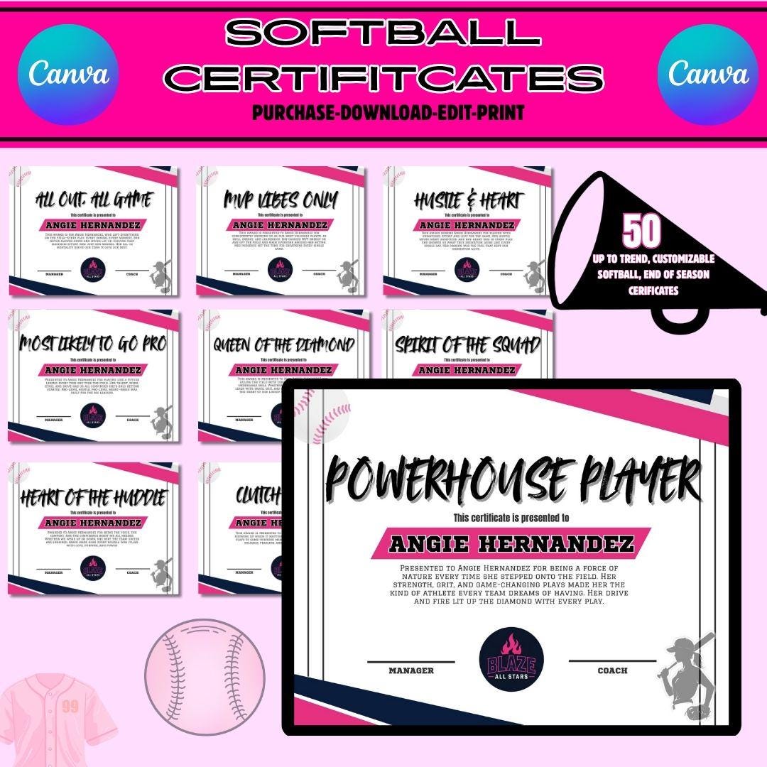 Editable Softball Award Certificates: Team End of Season Gift (digital ...