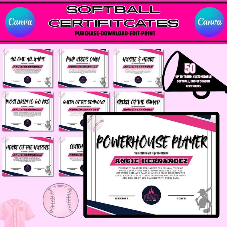 Editable Softball Award Certificates: Team End of Season Gift (digital ...