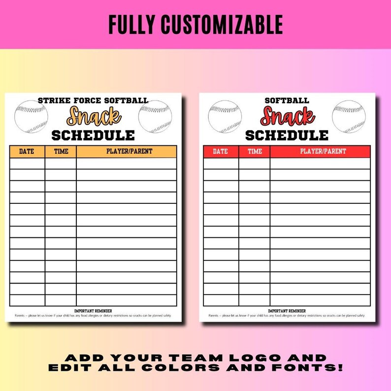 Softball Snack Schedule Template | Editable Canva Team Snack Planner ...