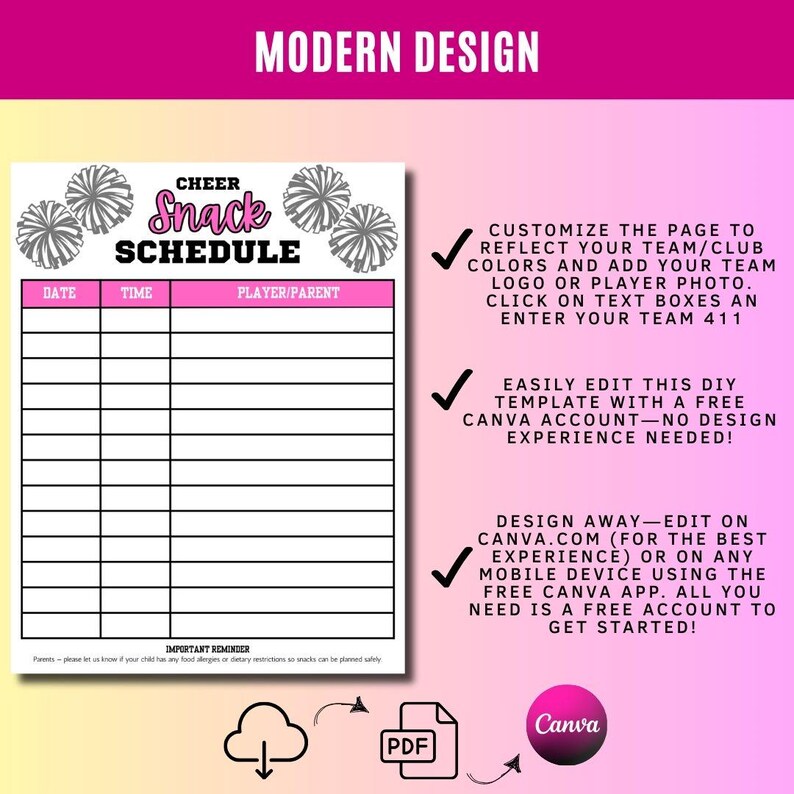 Cheer Snack Schedule Template | Editable Canva Team Snack Planner | 1 ...