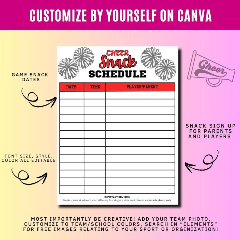 Cheer Snack Schedule Template | Editable Canva Team Snack Planner | 1 ...