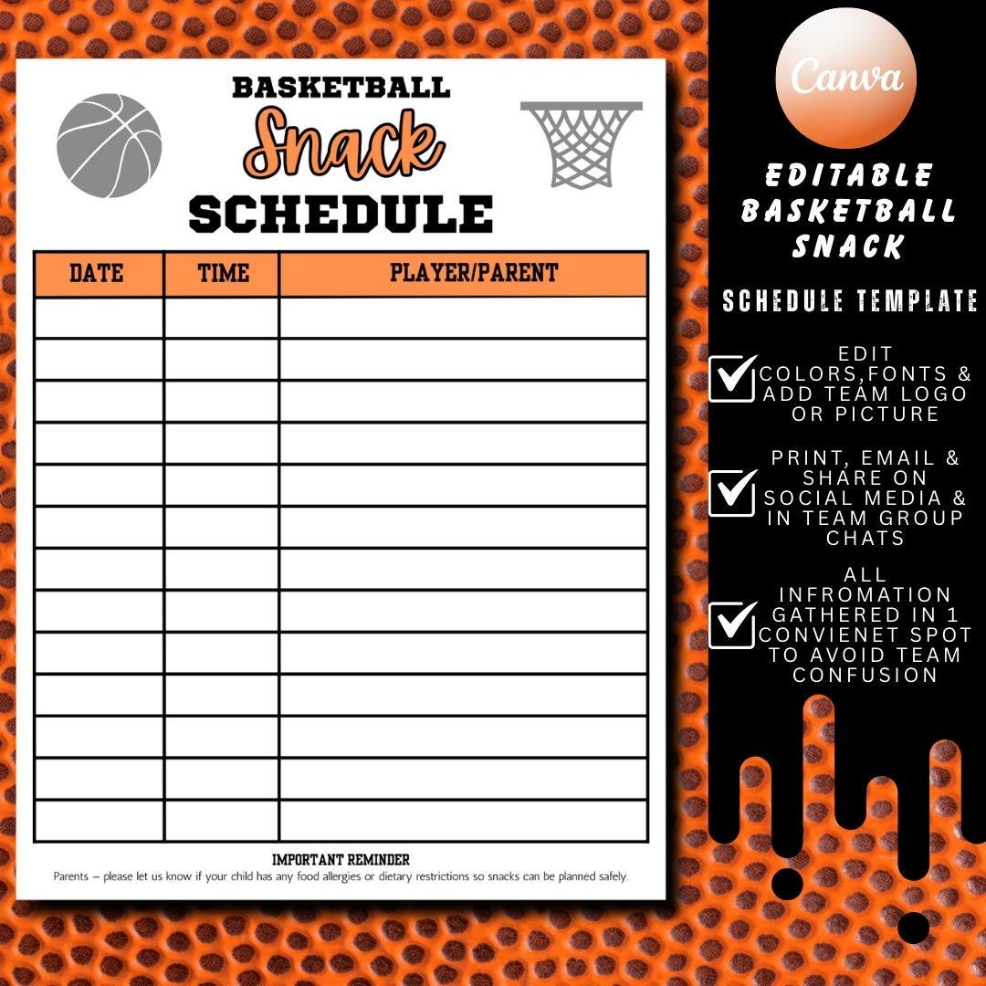 Basketball Snack Schedule Template | Editable Canva Team Snack Planner ...