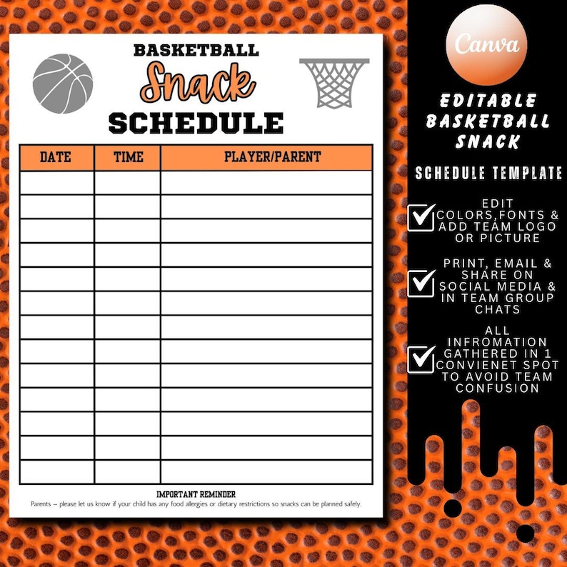 Basketball Snack Schedule Template | Editable Canva Team Snack Planner ...