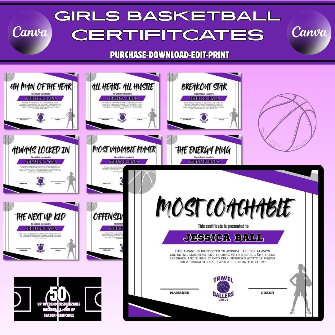 Girls Basketball Awards: 50 Editable End of Season Certificates (canva ...