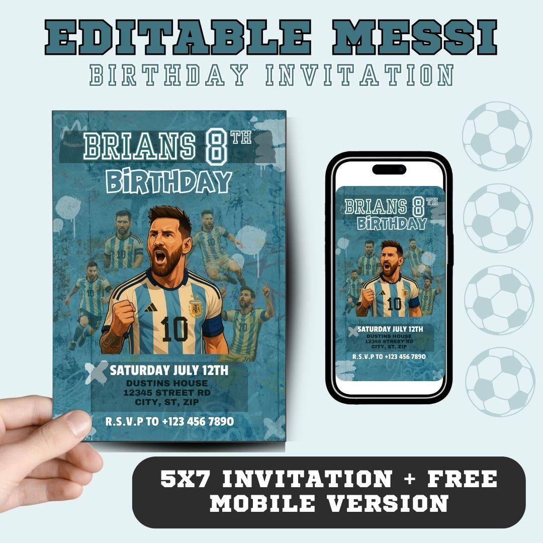 Messi Soccer Birthday Invitation: Editable Text, Printable Theme ...