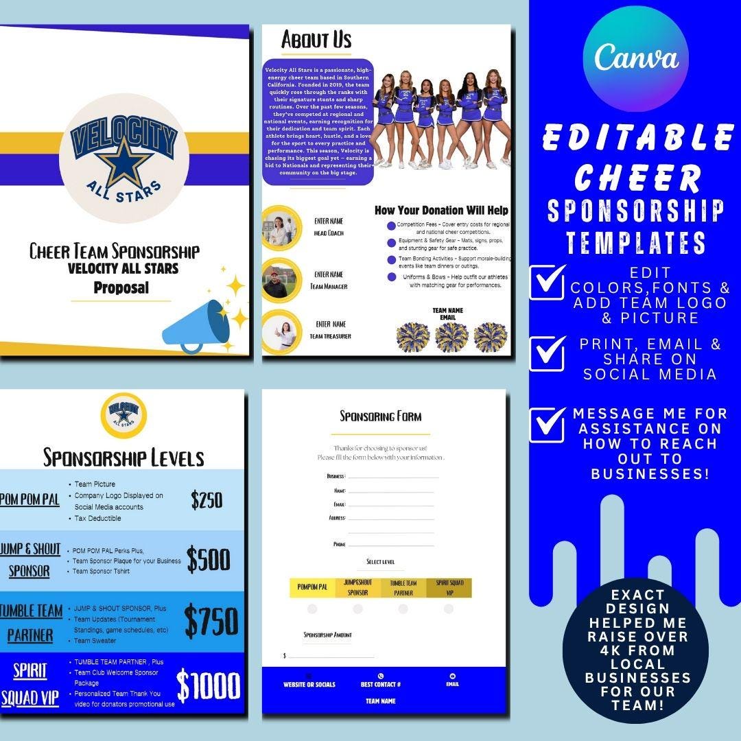 Cheer Sponsor Packet Canva Template – 4 Editable Pages: Title, Team ...