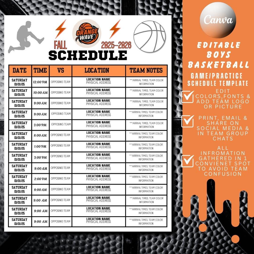 Boys Basketball Schedule Template | Editable Canva Game & Practice ...