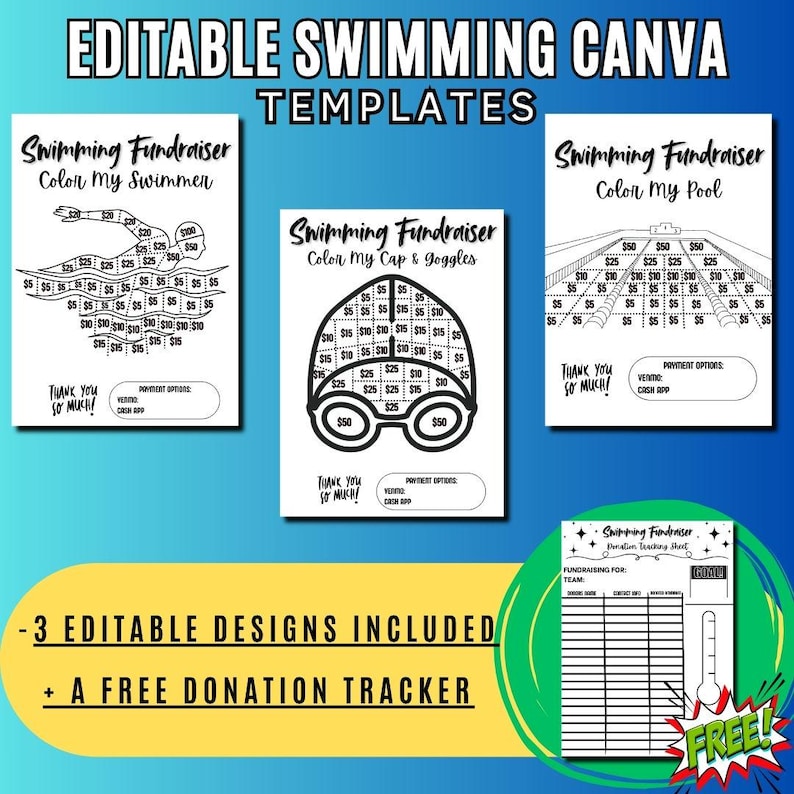 Swimming Fundraiser Canva Templates Bundle: Swim Team Donation Tracker ...